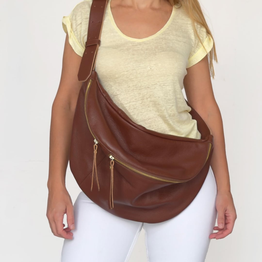 Large Leather Sling Bag - Oversized Brown Leather Fanny Pack - Slouchy ...