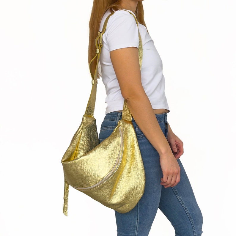 Gold Metallic Large Sling Bag - Oversized Women's Fanny Pack - Gold ...