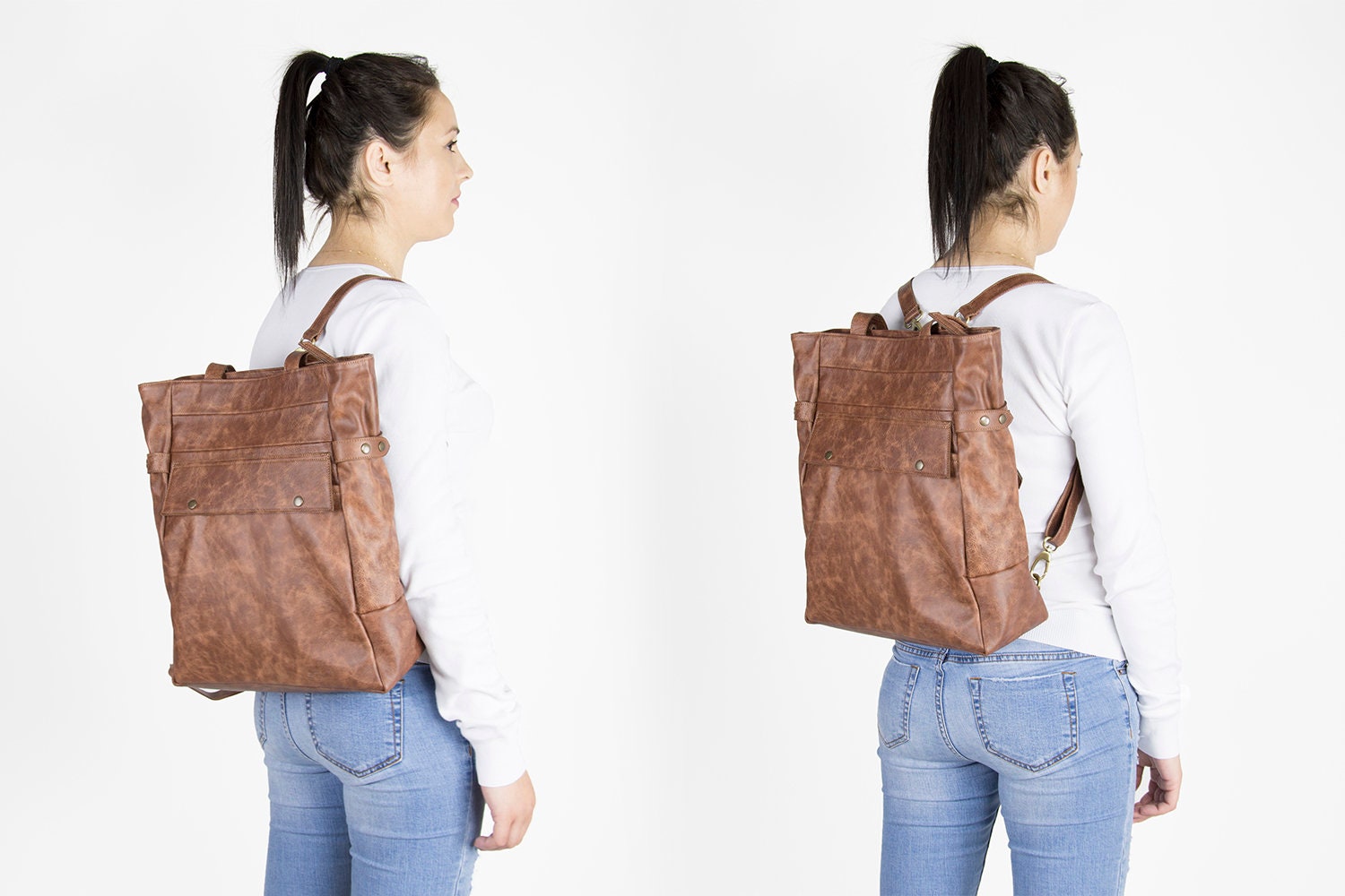 Brown leather tote bag Convertible bag Leather tote women | Etsy