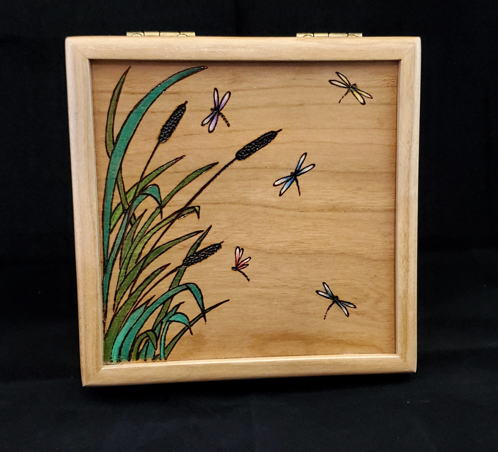 Solid Cherry Wood Wooden Cattail and Dragonflies Woodburned - Etsy