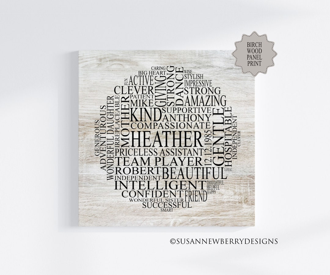 Custom Word Cloud Circle Birchwood Print - Personalized Name Typography ...