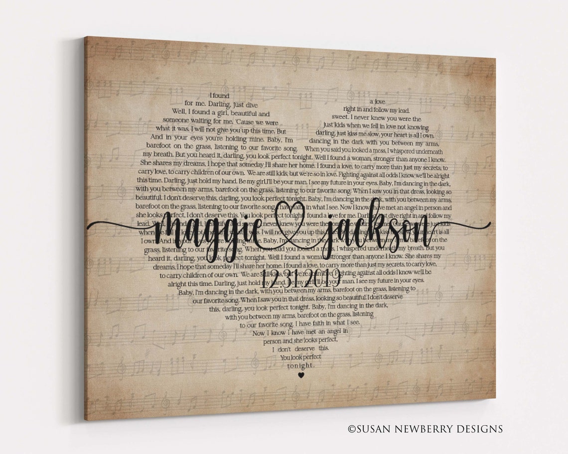 Any song lyrics PRINT OR CANVAS for couple on parchment music | Etsy