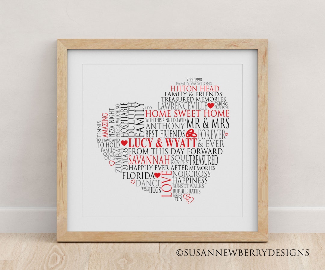 Custom Word Cloud Heart Typography Print or Canvas Personalized Wedding ...