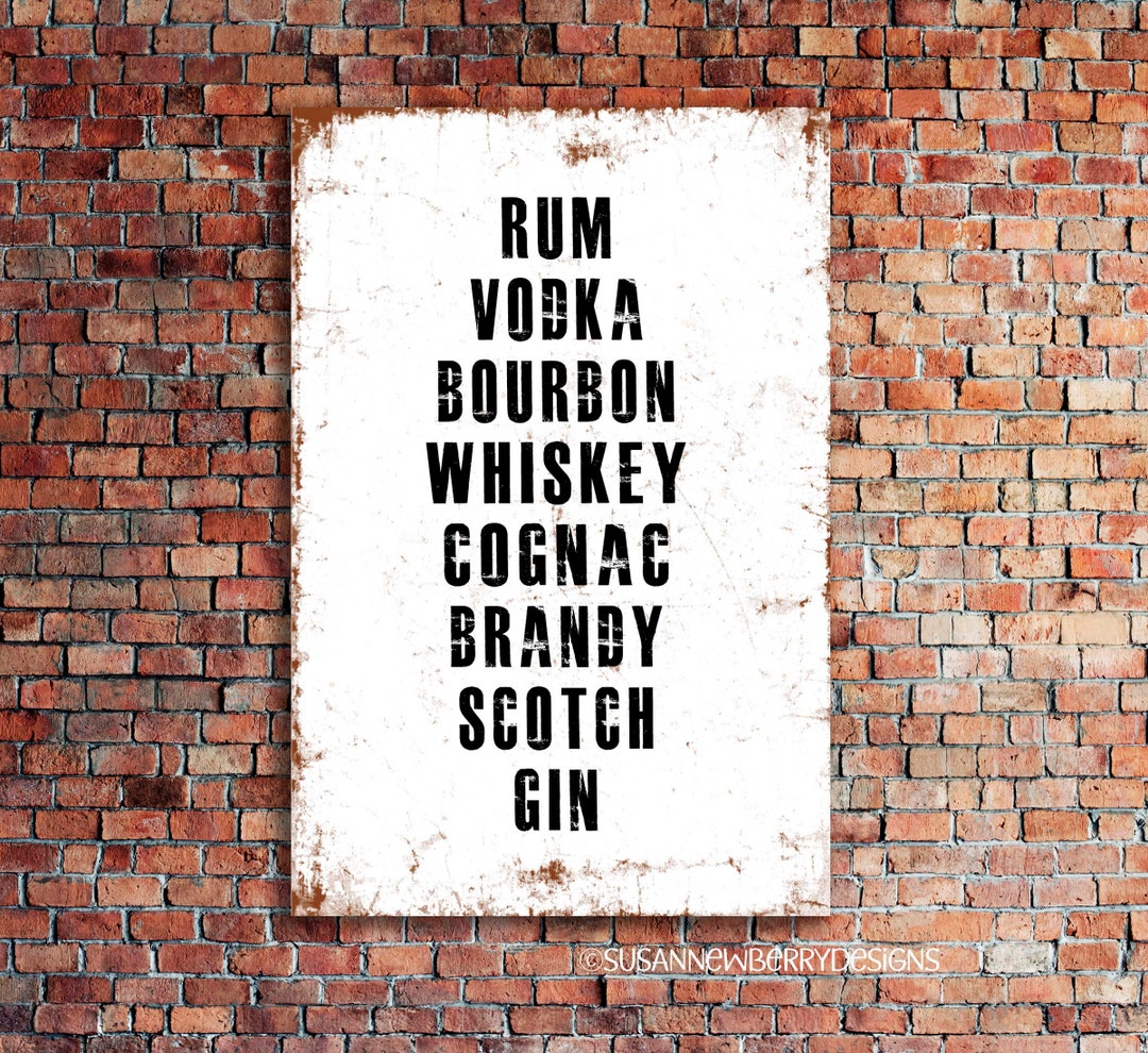 Metal Bar Sign - Rum Vodka Bourbon Whiskey Cognac Brandy Scotch Gin ...