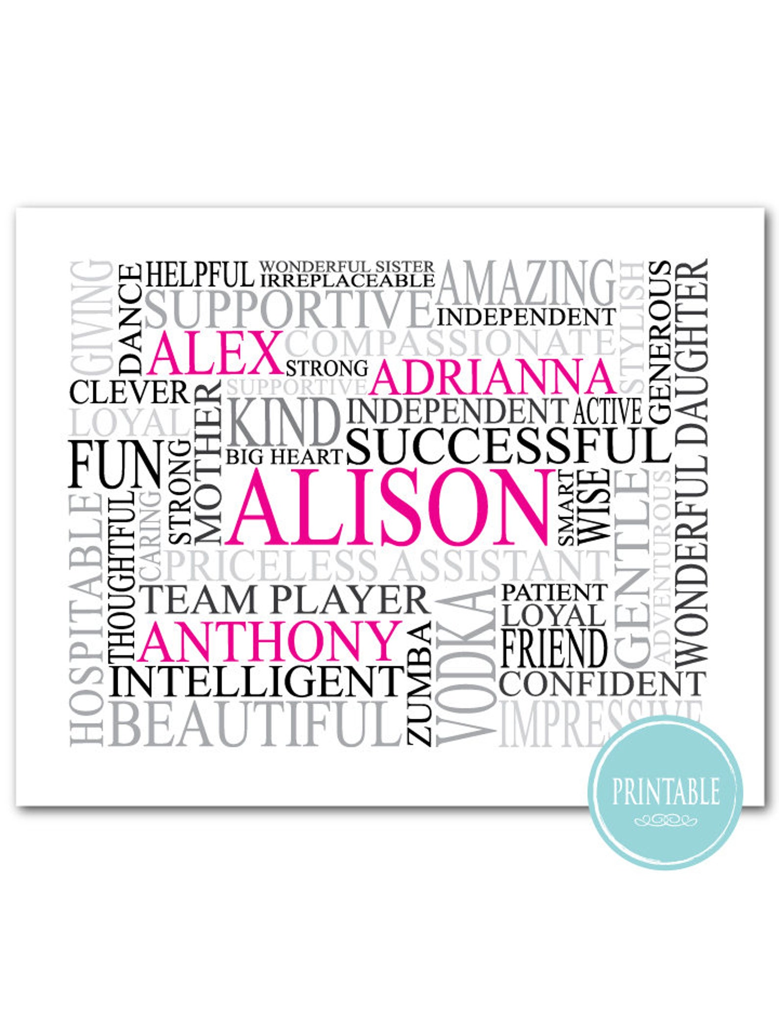 ART PRINTABLE Custom Word Cloud Print Personalized Name - Etsy
