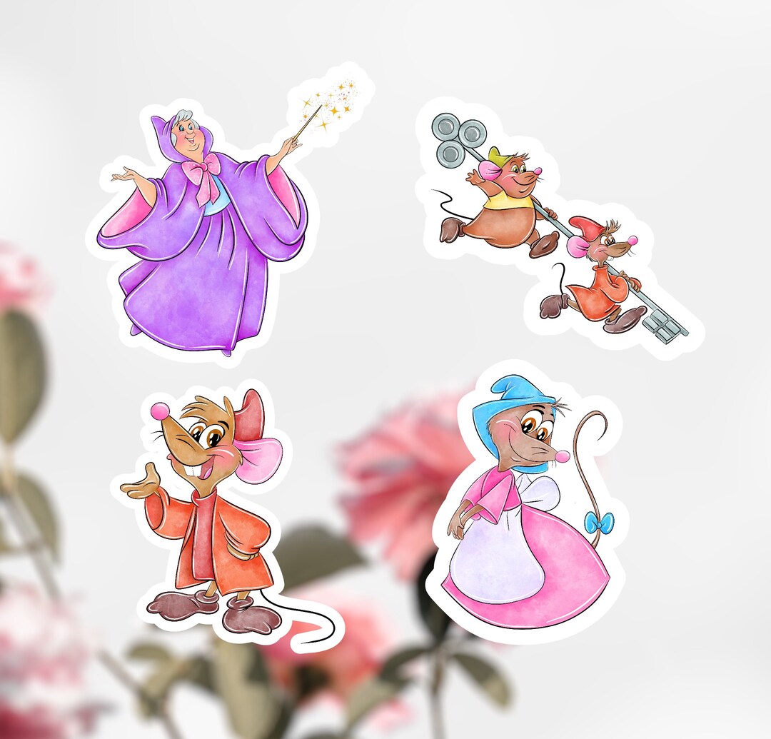 Set of Four Disney Fairy Godmother & Mice Sticker, Bibbidi Bobbidi Boo ...