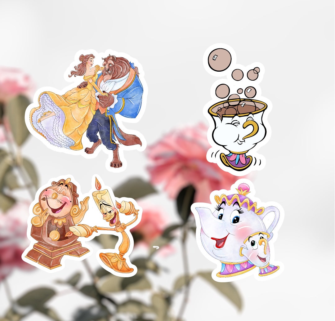 Set of Four Disney Beauty & Beast Stickers, Belle, Chip, Mrs Potts ...