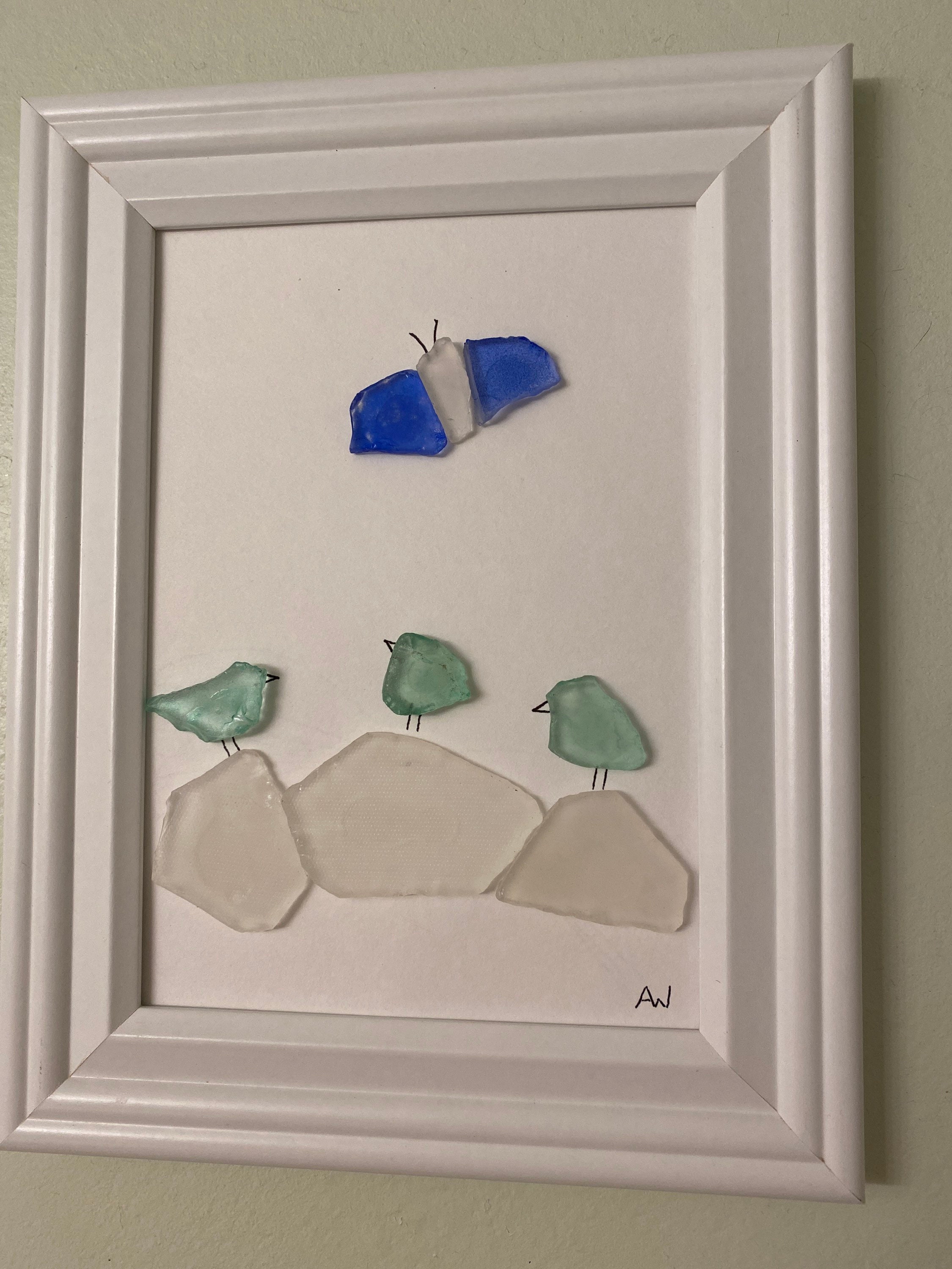 Framed Birds and Butterfly in Sea Glass 7 X 9 - Etsy