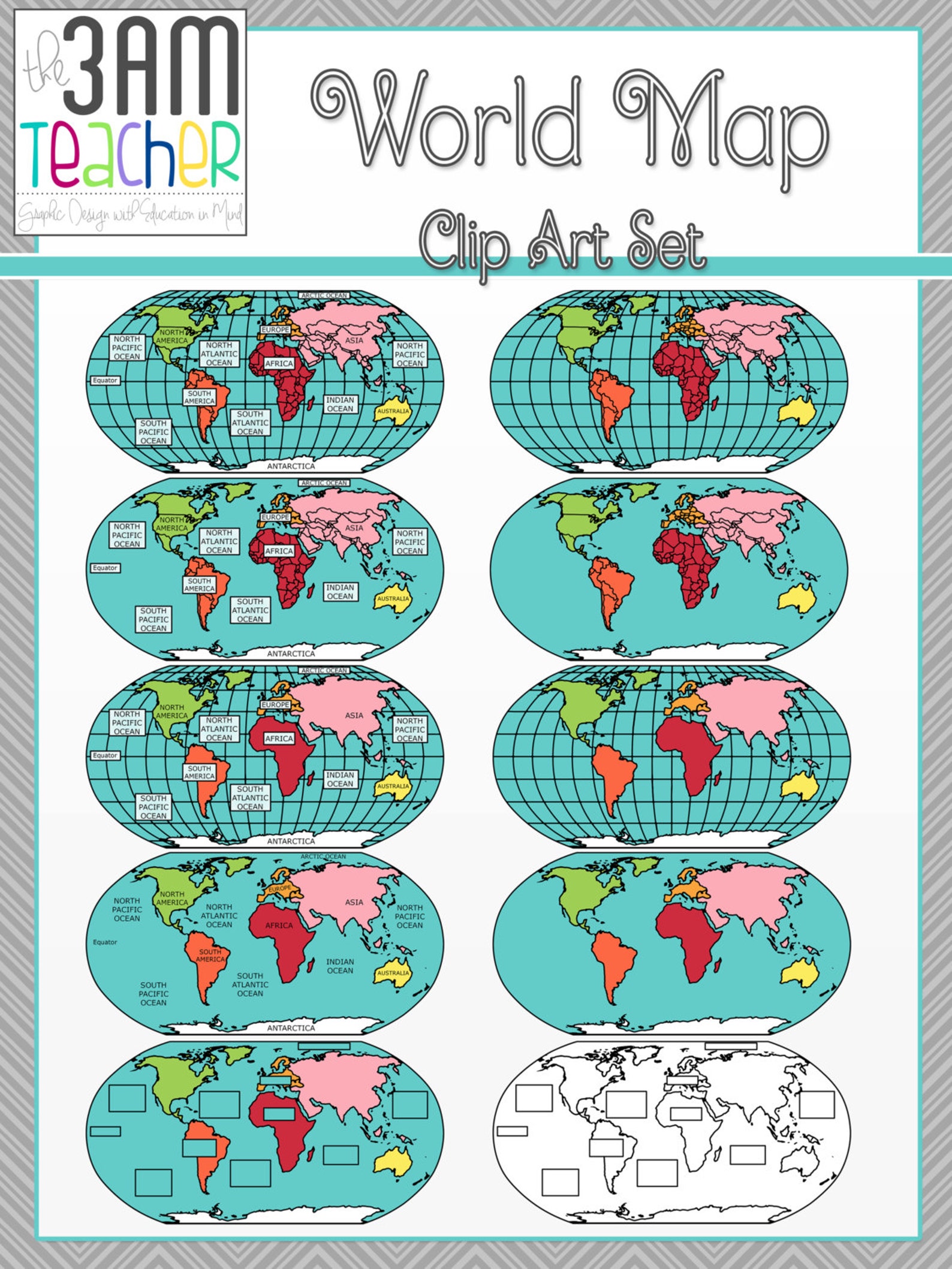 World Maps Clip Art: Flat World Map Set - Etsy