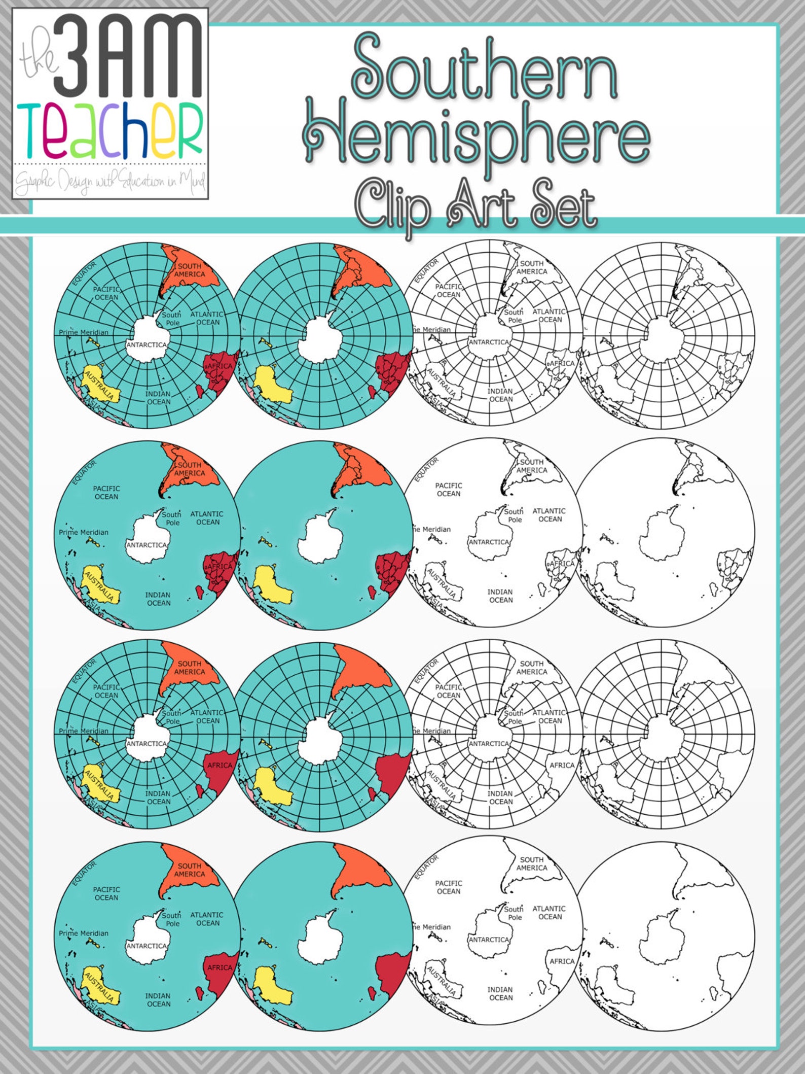 World Maps Clip Art: Southern Hemisphere Globe Set | Etsy