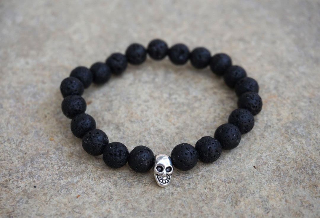Lava Rock Bracelet, Men's Skull Bracelet, Black Beaded Bracelet for Men ...
