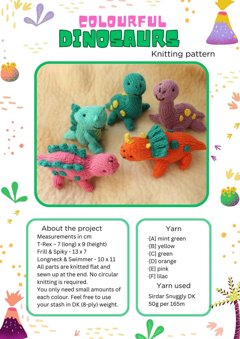 Colourful Dinosaurs Set Knitting Pattern PDF - Etsy