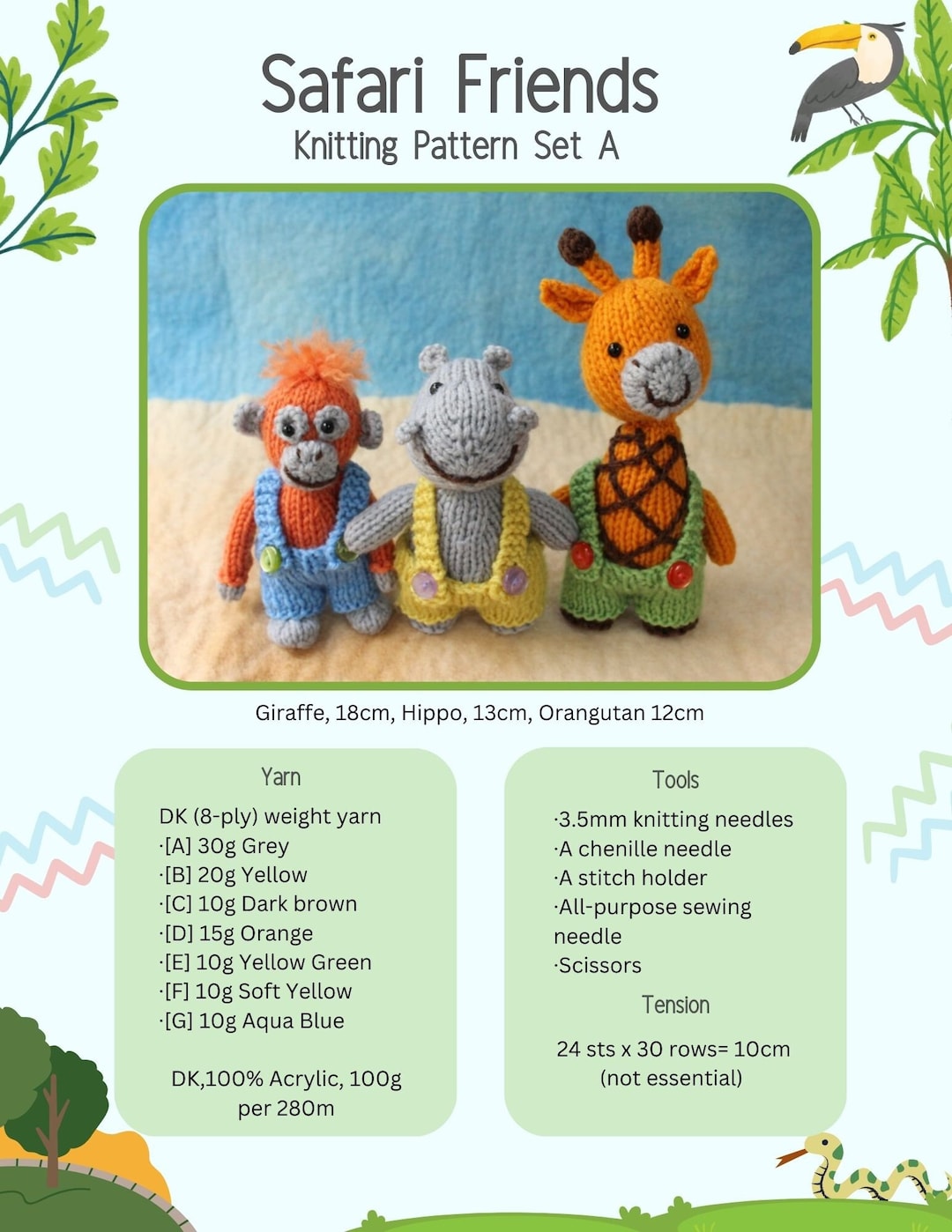KNITTING PATTERN PDF Safari Friends Set (A); Giraffe, Orangutan, and ...