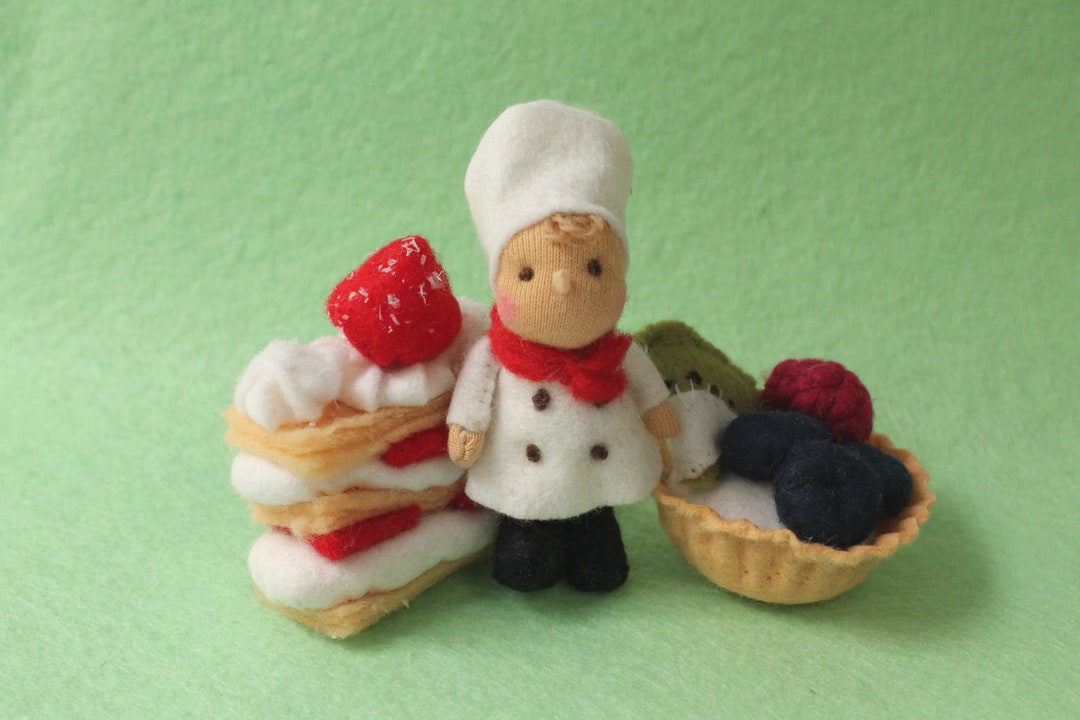 Mini Felt Doll Pastry Chef (E): Boy With Mille Feuille and Berry Tart ...