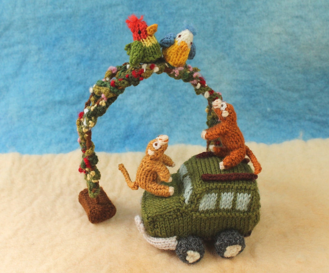 Mini Knitted Monkeys and Truck With Tropical Birds - Etsy