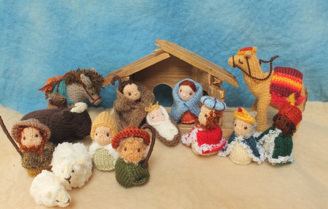 Nativity Complete Set Hand-knitted Dolls and Animals With A Wooden ...