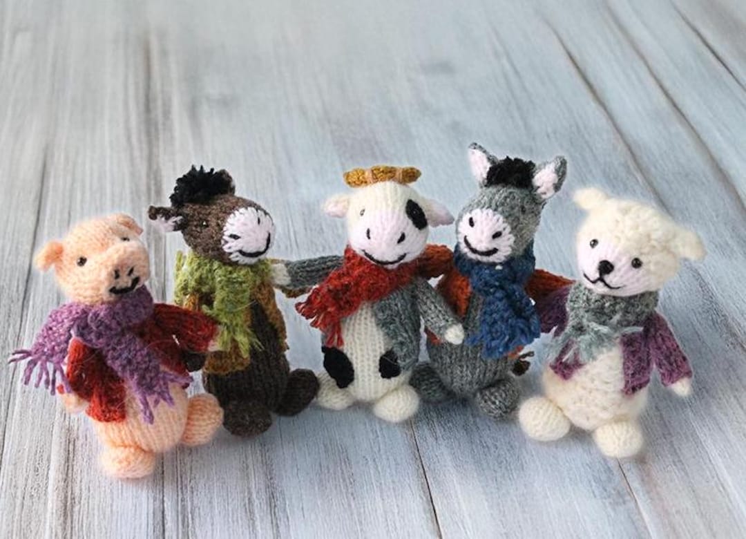 Hand-knitted Mini Farmyard Animals Set, Knitted Cow, Donkey, Pig, Horse ...
