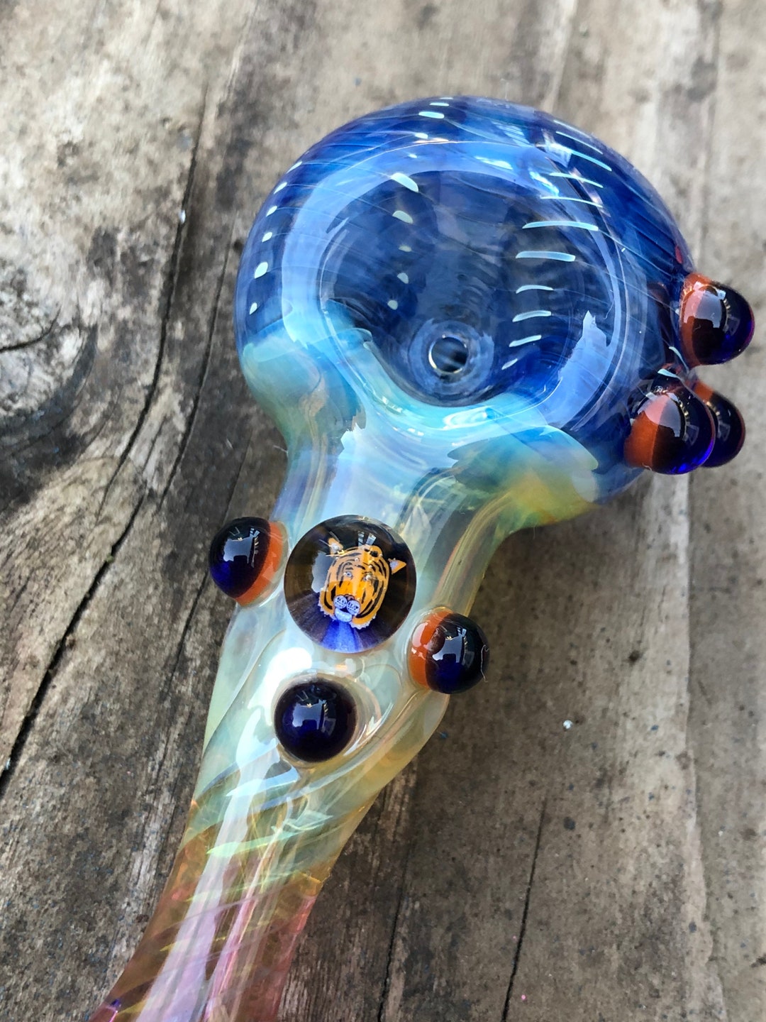 TIGER Face Glass Pipes. Tiger Face Millie With Blue, White and Orange ...