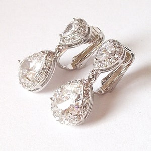 Clip on Bridal Earrings Teardrop Crystal Earrings Swarovski Bridal Earings Cubic Zirconia Drop ...