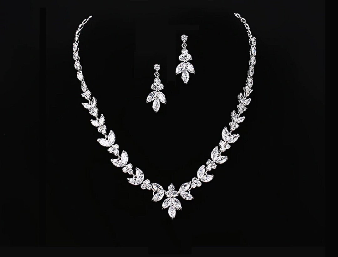 Bridal Necklace Earring Set Simple Bridal Jewelry Set Silver - Etsy