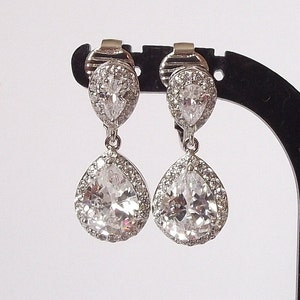 Clip on Bridal Earrings Teardrop Crystal Earrings Swarovski Bridal Earings Cubic Zirconia Drop ...