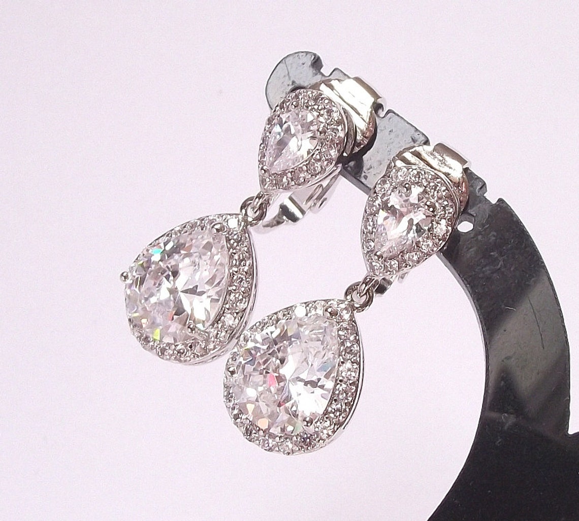 Clip On Bridal Earrings Teardrop Crystal Earrings Swarovski Etsy