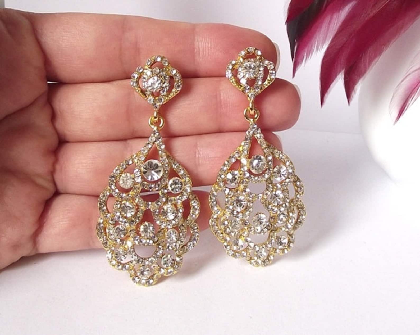 Crystal Bridal Earrings Gold Chandelier Wedding Earrings | Etsy