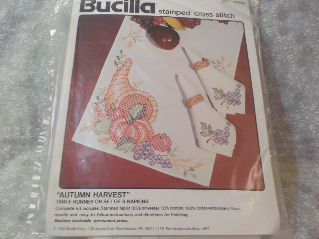 Bucilla Autumn Harvest Table Runner Kit Stamped Cross Stitch Cornucopia ...