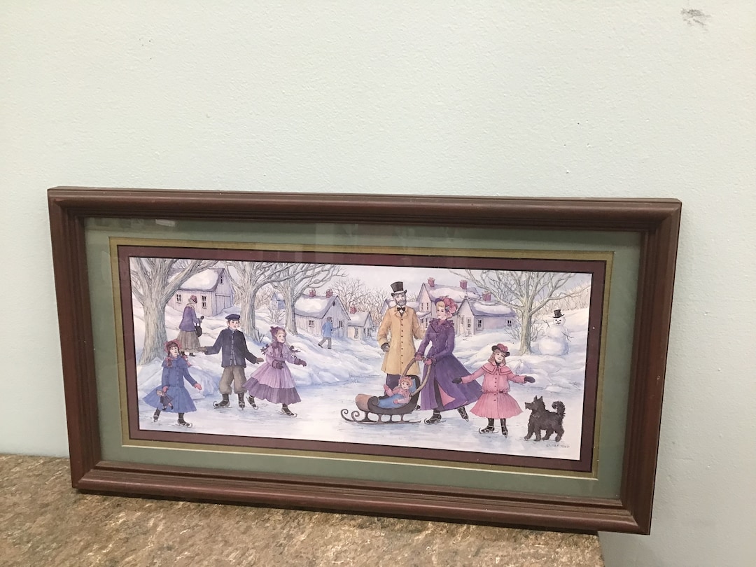 Vintage Victorian Family Ice Skating by Joan Stier Wood Frame With ...
