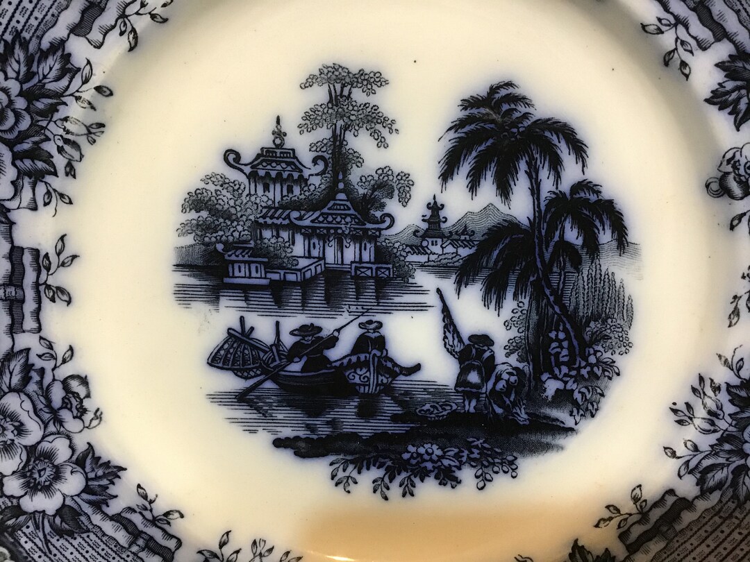 Antique Flow Blue Oriental Design Plate Marked England “ Burmese “ W - Etsy