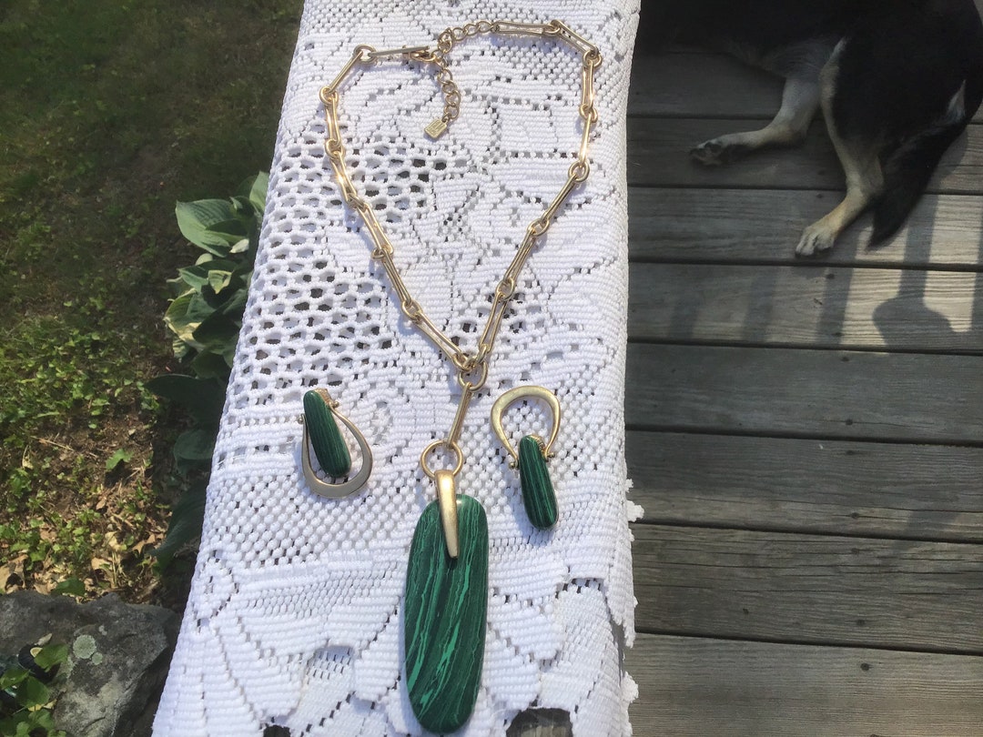 Vintage RLM Soho Green Malachite Stone Necklace & Pierced Earrings - Etsy