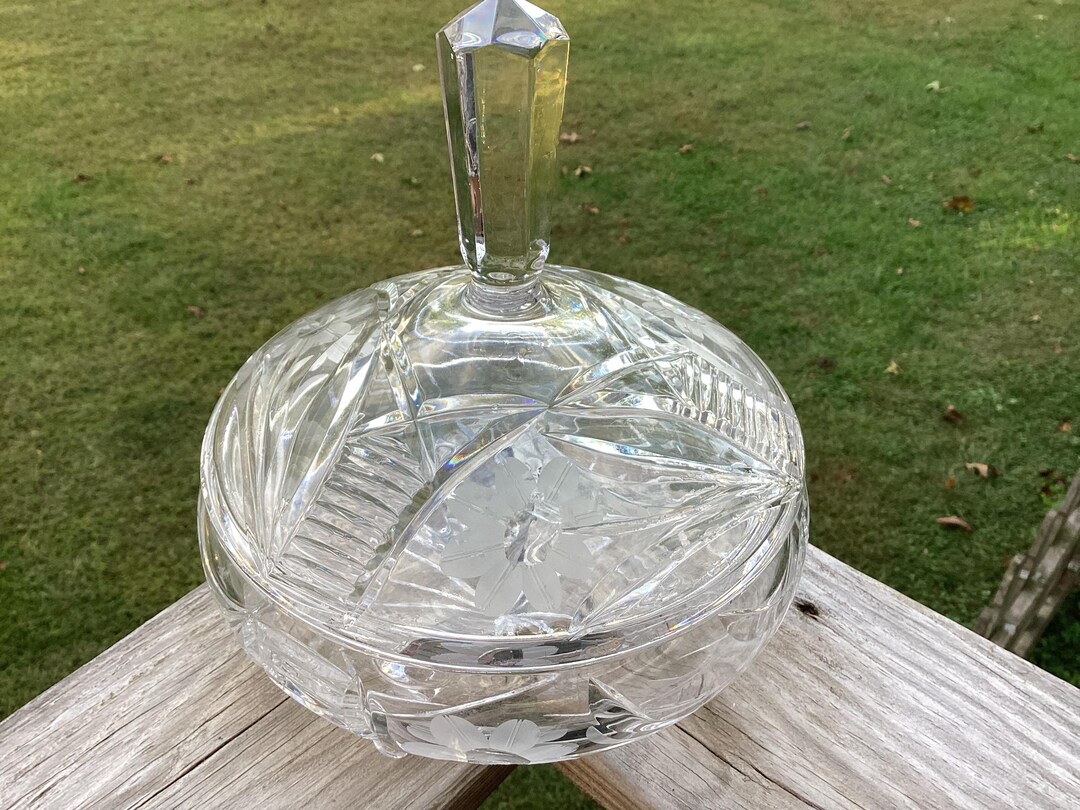 Vintage Crystal Extra Large Candy Dish With Lid, Beautiful Etched ...