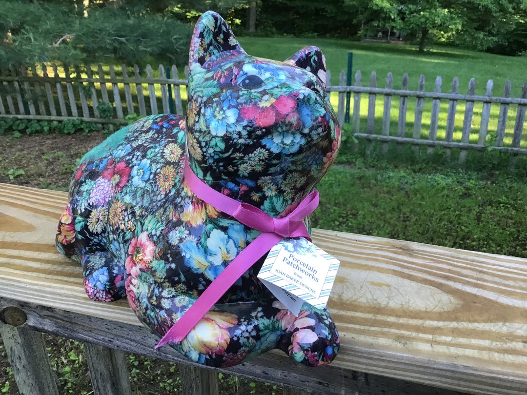 Vintage Porcelain Patchwork’s Cat Statue, Floral, Handcrafted, by Joan ...