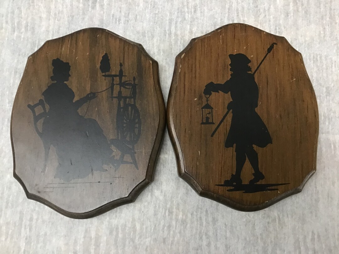 Vintage Wooden Plaques With Black Shadow Figures, Set of Four - Etsy