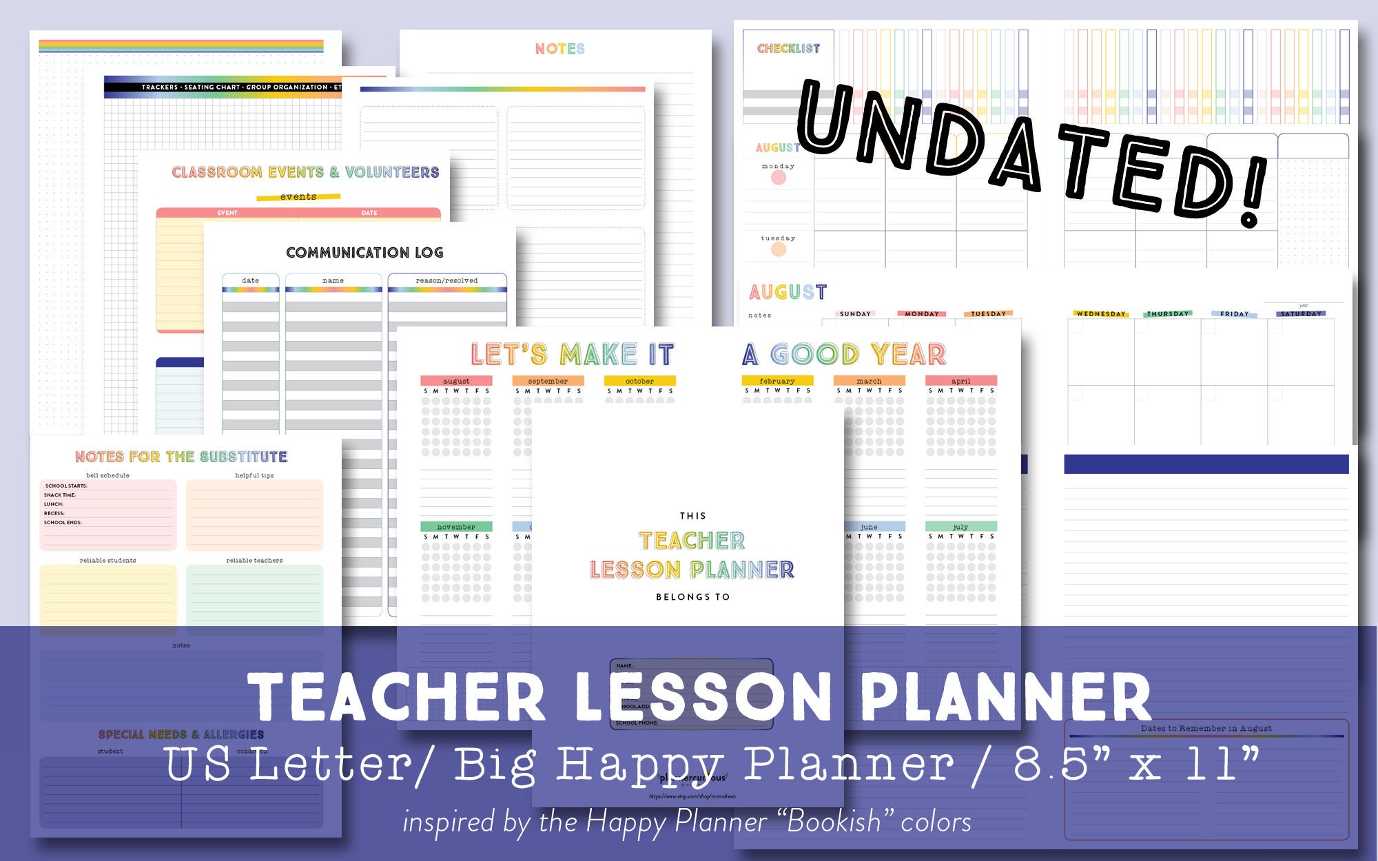 Undated Printable Teacher Lesson Planner for Big Happy Planner US ...