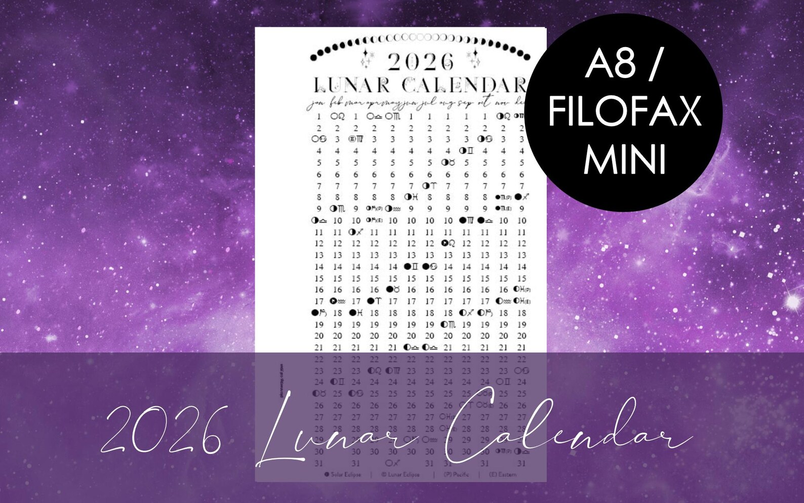 2026 Printable Lunar Calendar Insert for A8 Filofax Mini Micro 5 Rings ...