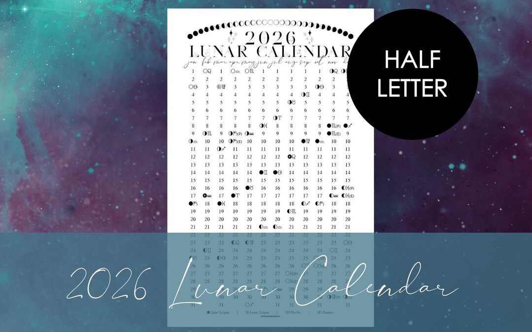 2026 Printable Lunar Calendar for Half Letter Rings Planner | Discbound ...