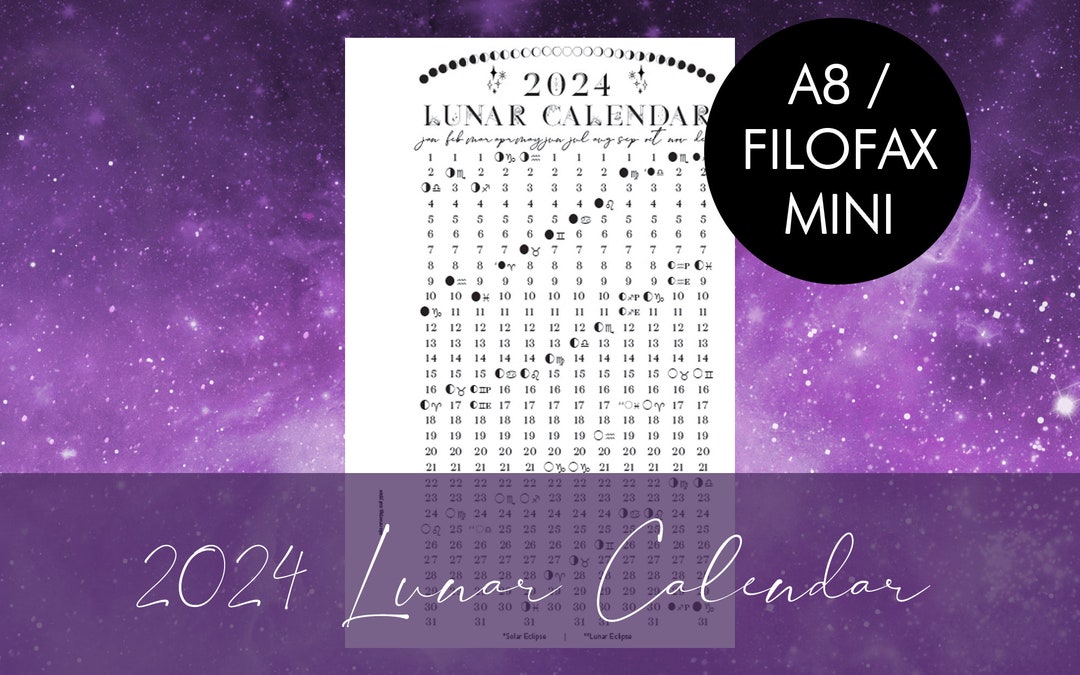 2024 Printable Lunar Calendar Insert for A8 Filofax Mini Micro 5 Rings ...