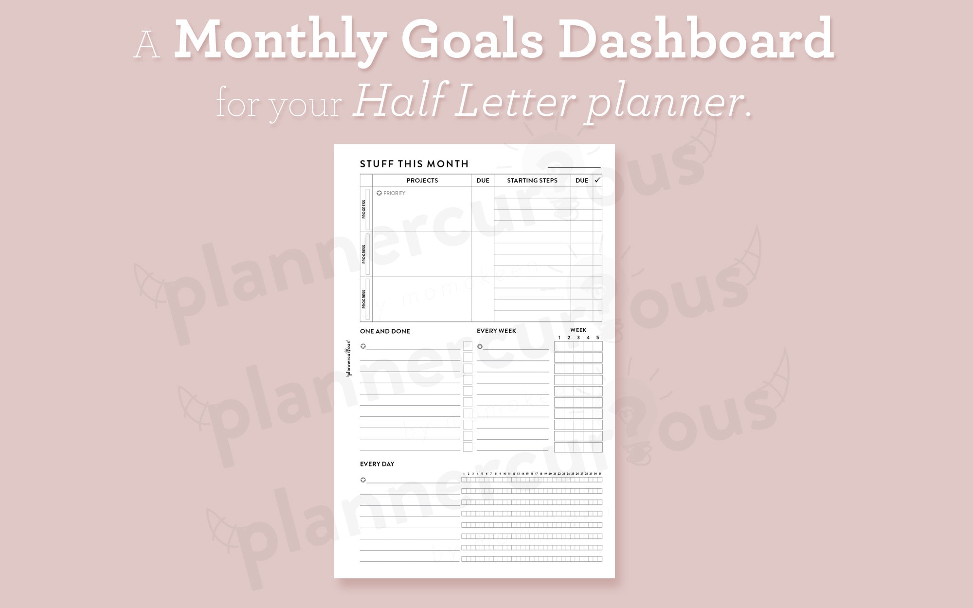 Monthly Goal Setting Dashboard for Half Letter Junior Planner Printable ...
