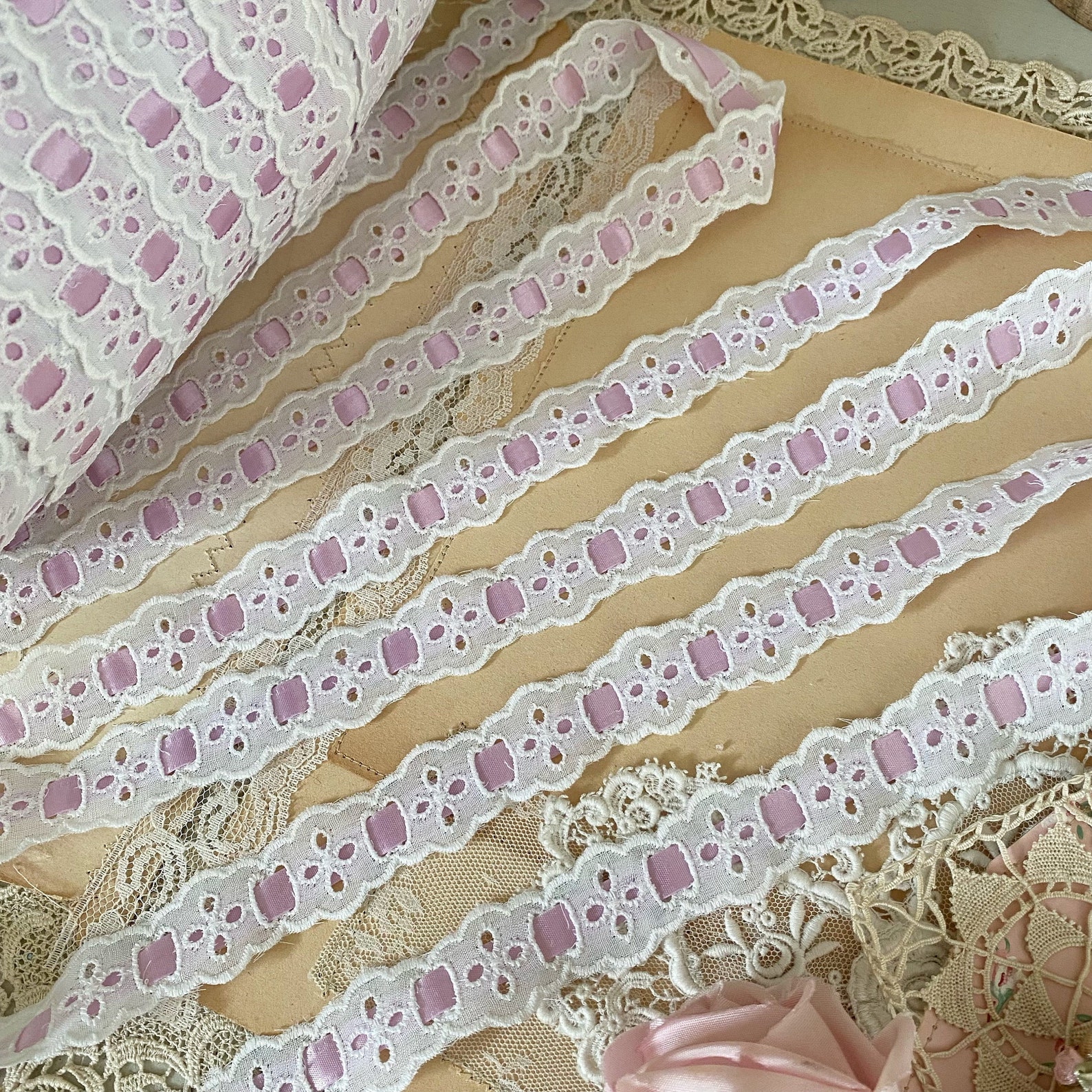 Vintage Broderie Anglaise Lilac Pink Ribbon Insert Eyelet Lace - Etsy