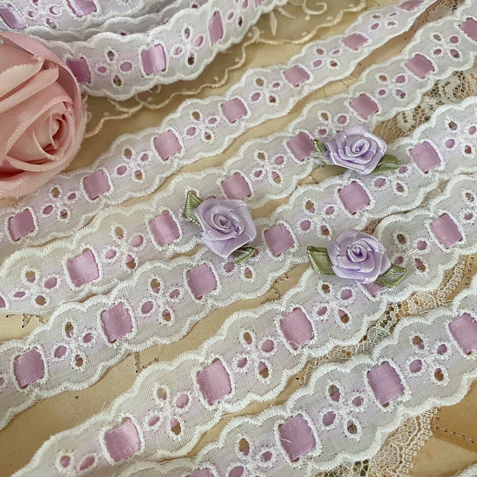 Vintage Broderie Anglaise Lilac Pink Ribbon Insert Eyelet Lace - Etsy