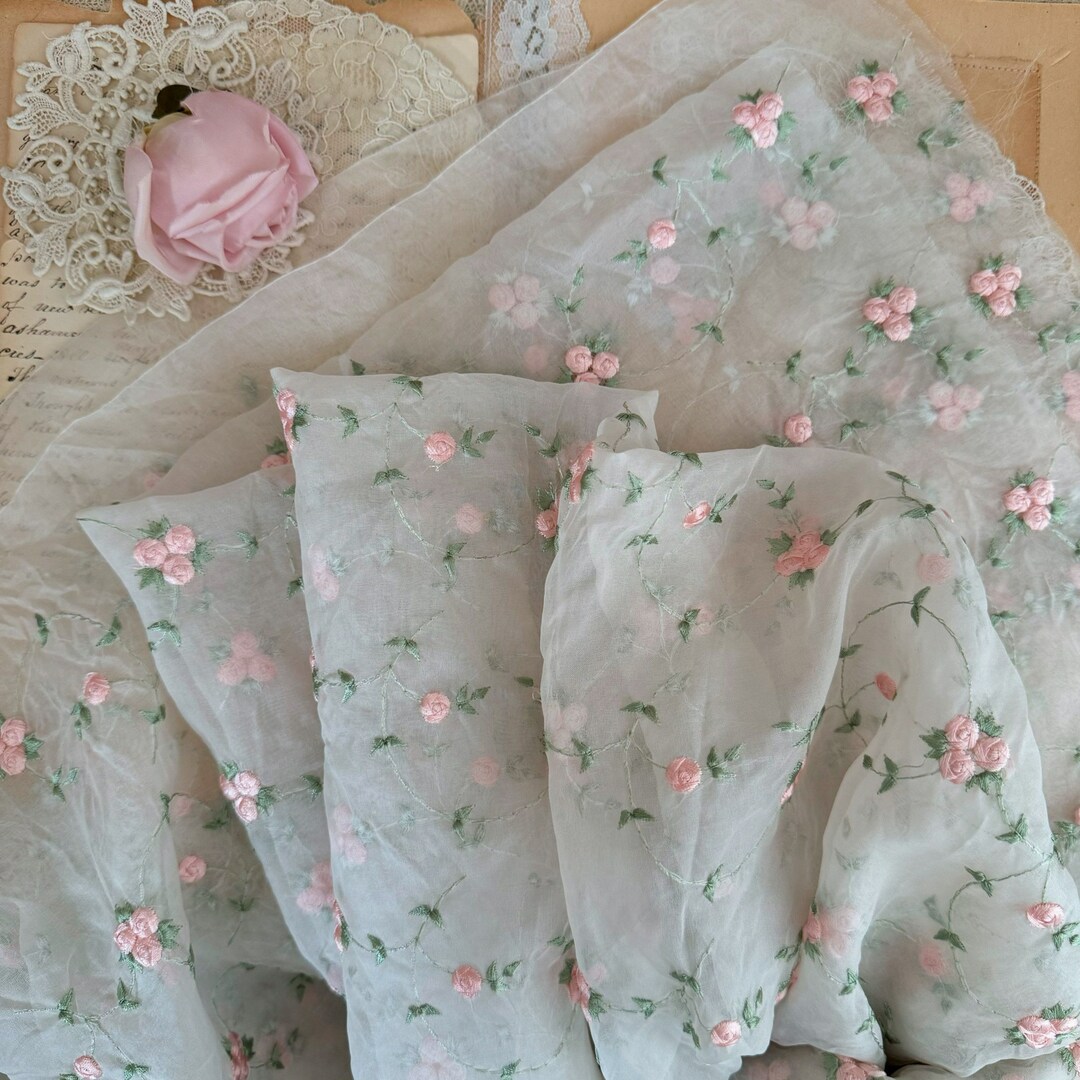 Vintage Embroidered Sheer Organza Fabric Pink Rose Bud Vibe Embroidery ...