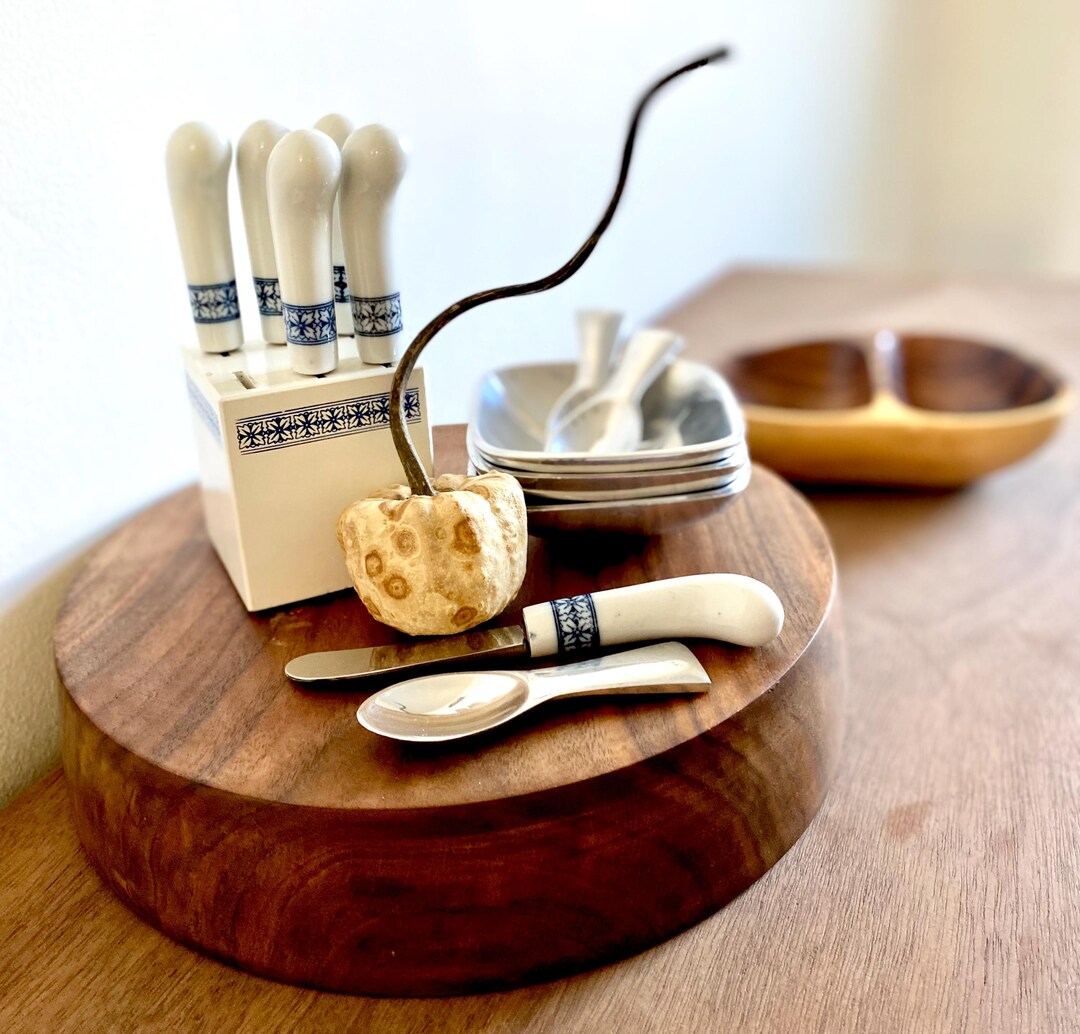 Vintage Charcuterie Knife Set. Wood Block & 6 Porcelain Handle Cheese ...