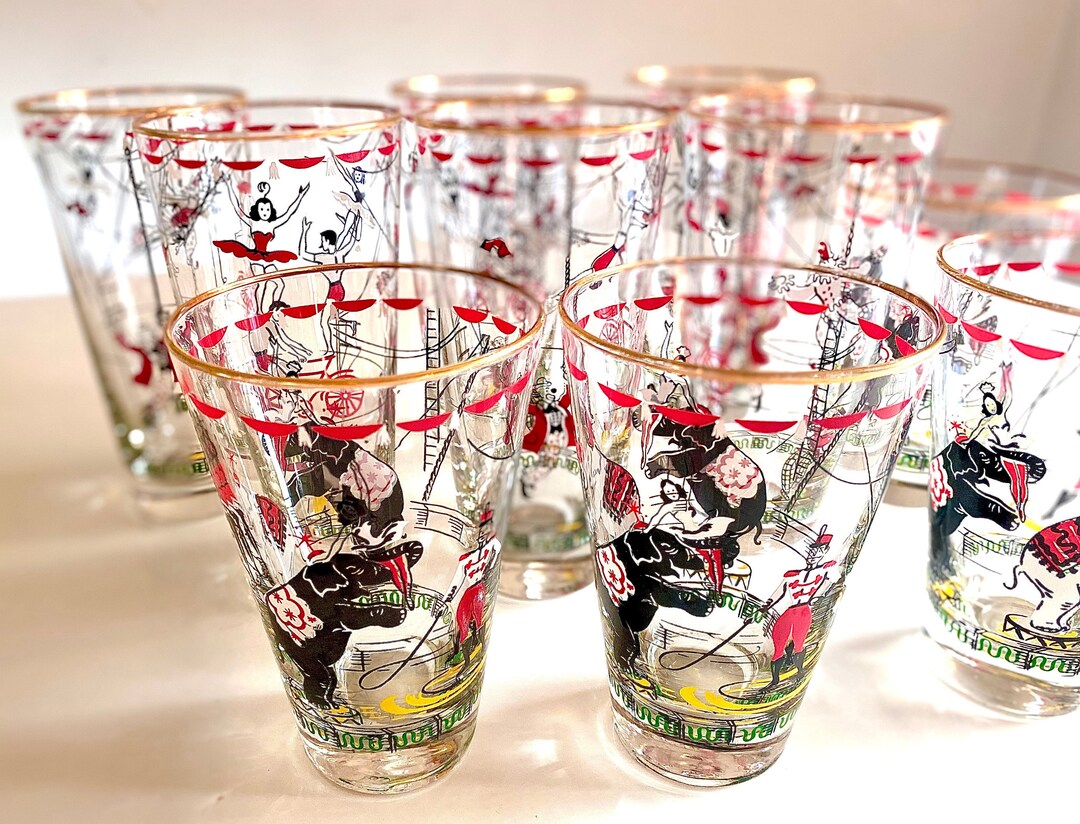 Vintage MCM Glassware Set of 12. Whimsical 1950s Under the Big Top ...