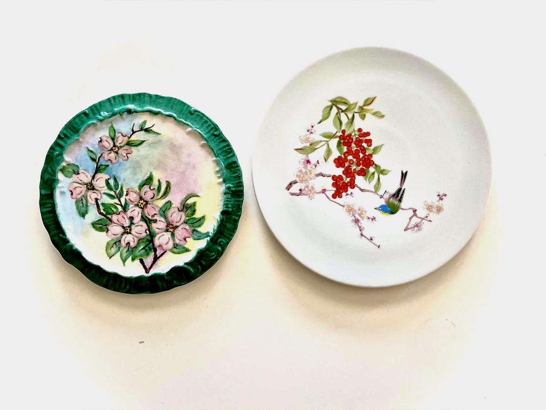 Vintage Hand Painted Porcelain Trivets: Cherry Blossoms & Bird Decor - Etsy