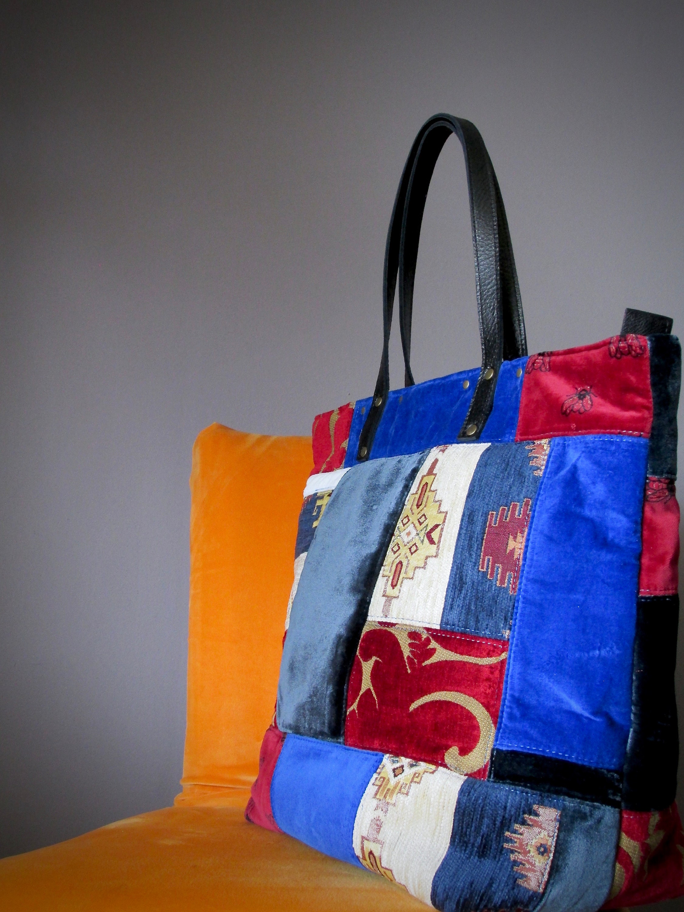 Extra Large textile zipper tote bag with leather handles | Etsy