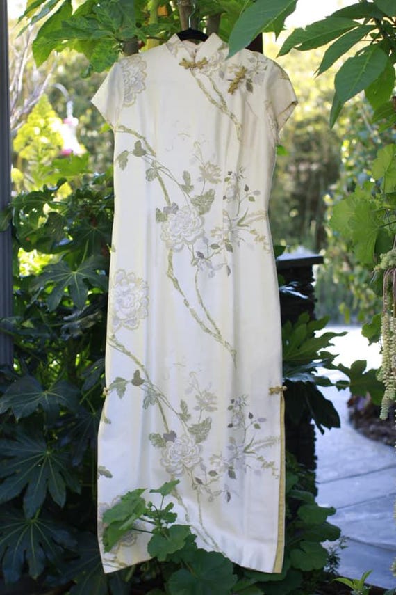 Vtg 70s Andrade Honolulu Cream Cheongsam Floral Maxi … - Gem