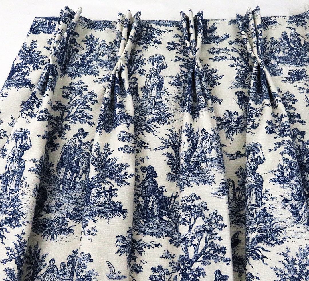 Country Toile Curtains Drapes Drapery 3 Fold Pleats Navy Blue Rustic ...