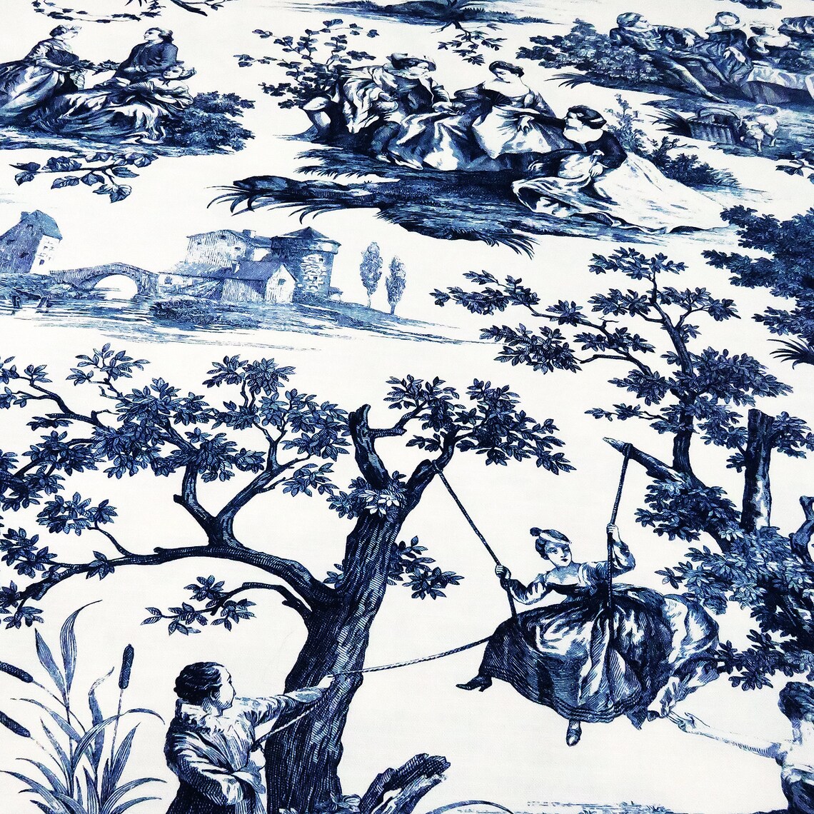 Navy Blue Toile Curtain Drapery Panels, Rod Pocket Drapes, Blackout ...