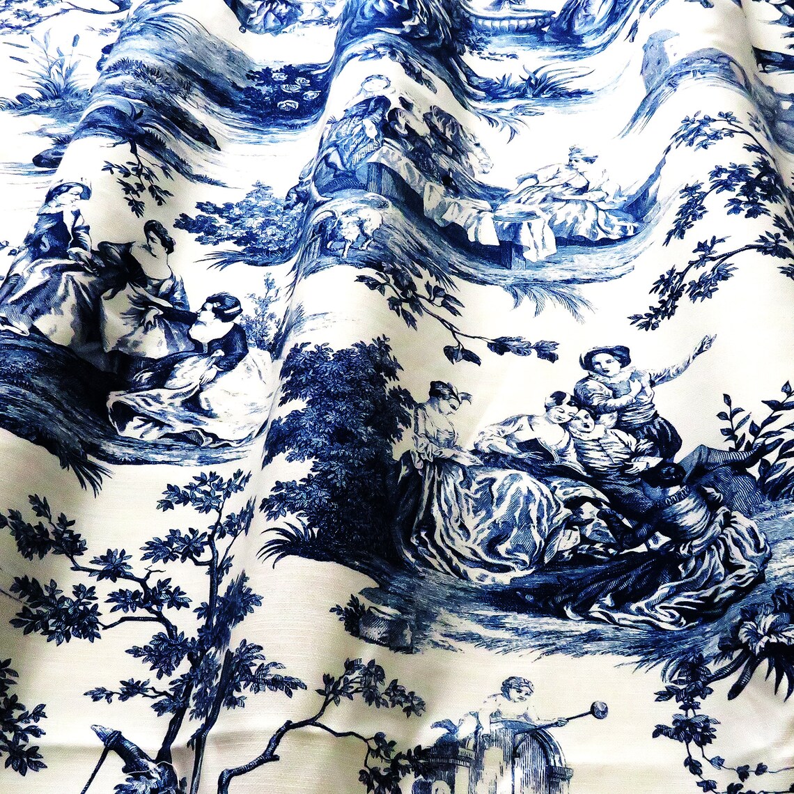 Navy Blue Toile Curtain Drapery Panels, Rod Pocket Drapes, Blackout ...
